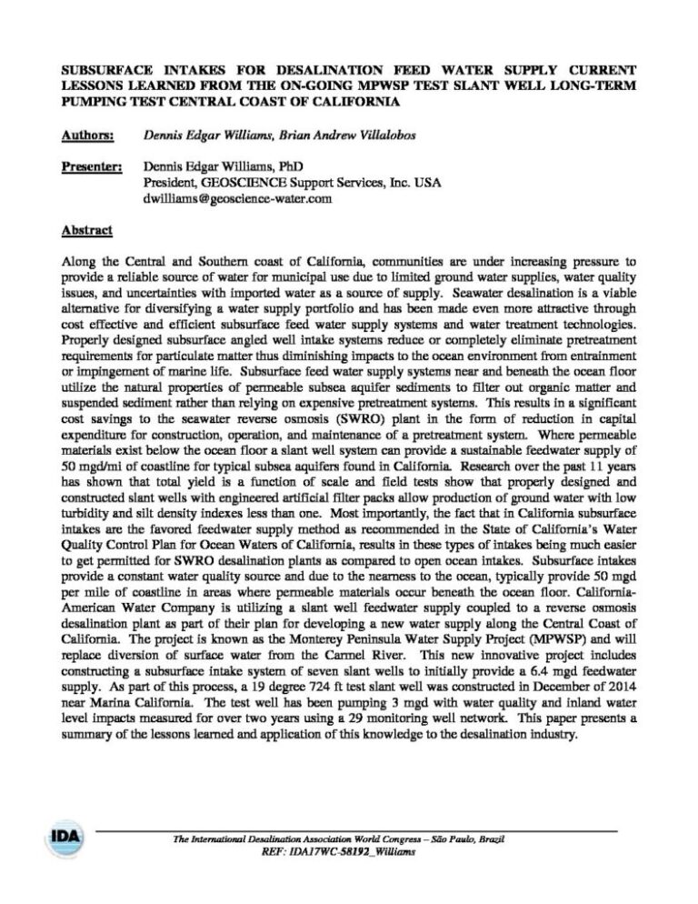 Subsurface Intakes for desalination feed water supply current - Geoscience